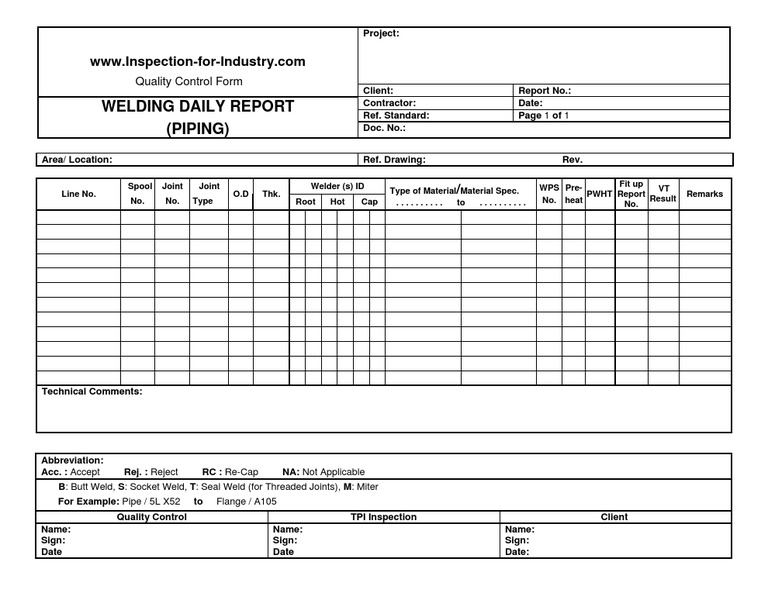 Piping Welding Daily Quality Control and Inspection Report Form | PDF ...