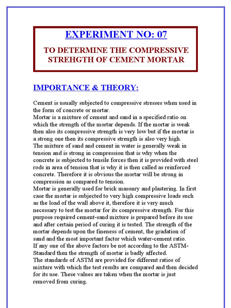 Compressive Strength of Mortar Cube | PDF | Mortar (Masonry) | Concrete