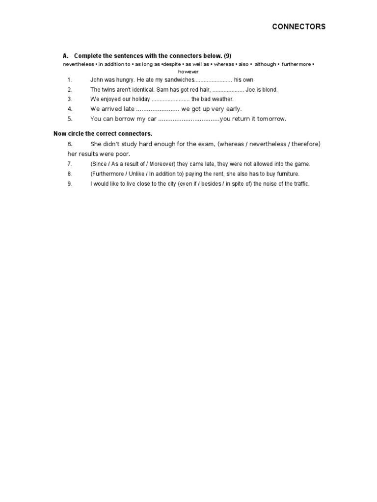 English Connector Exercises | PDF | Language Arts & Discipline | Home ...