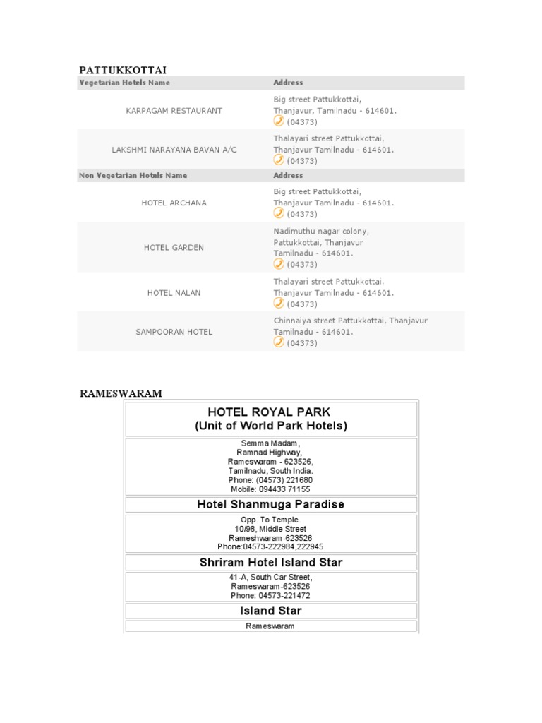 Main Hotel Address and Phone Numbers in Tamilnadu | PDF | Hotel | Tamil ...