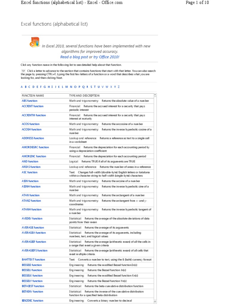 Excel Functions (Alphabetical List) | PDF | Complex Number | Function ...