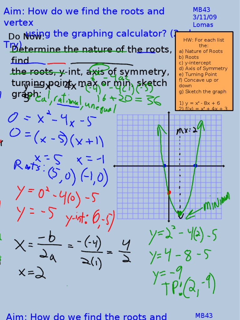 Determine The Nature of The Roots, Find The Roots, Y-Int, Axis of ...