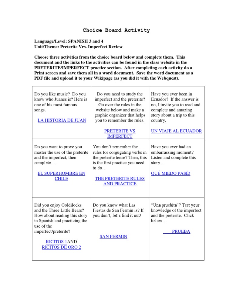 Preterite Vrs Imperfect Choice Board | PDF | Language Arts & Discipline ...