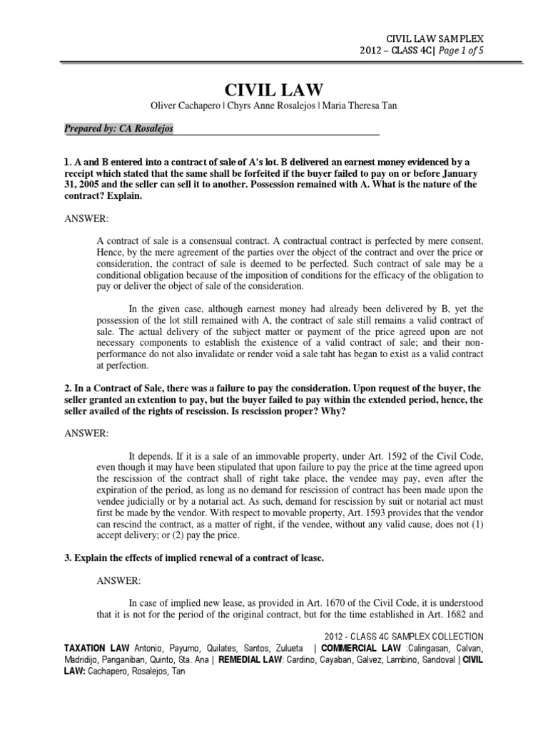 Civil Law Samplex | PDF | Surety Bond | Lease