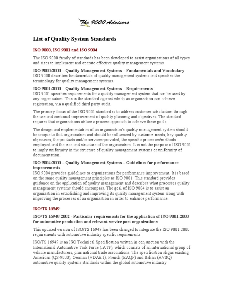 List-Of Quality Standards | PDF | Iso 9000 | Quality Management System