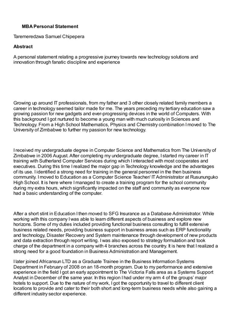Personal Statement For MBA PDF Business Intelligence Computing