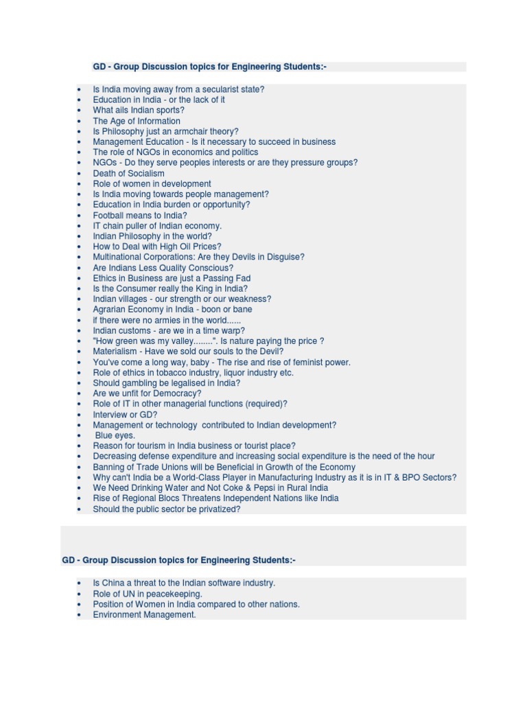Group Discussion Topics for Engineers | PDF | Social Science