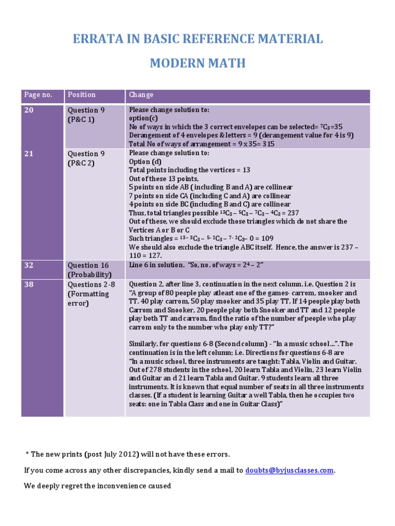 Errata in Basic Reference Material Modern Math | PDF | Geometry ...