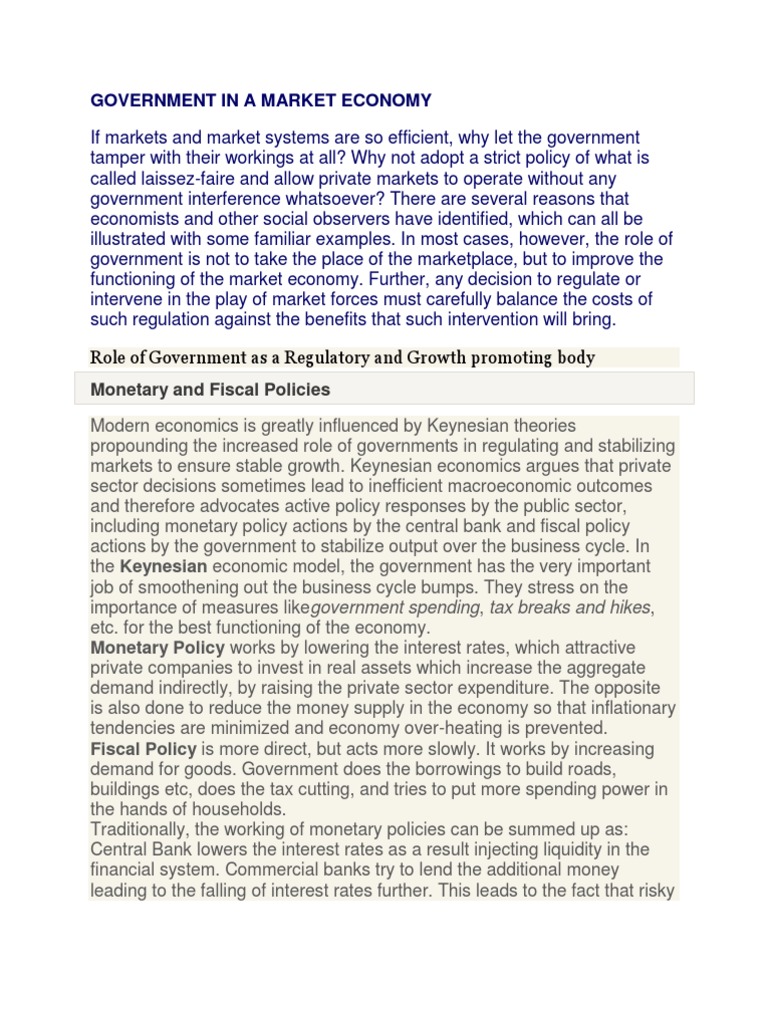 Government's Role in Market Economy | PDF | Reserve Bank Of India ...