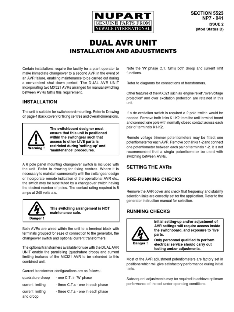 Dual Avr Unit: Installation and Adjustments | PDF | Switch | Transformer