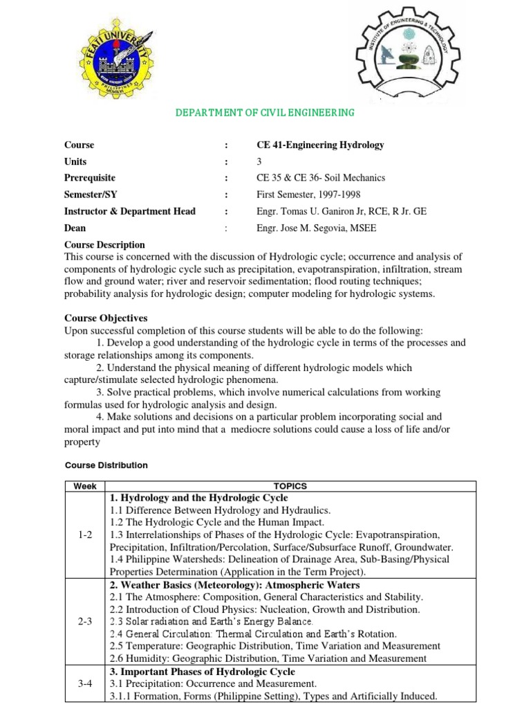 CE 41-Engineering Hydrology Syllabus | PDF | Hydrology | Water Cycle