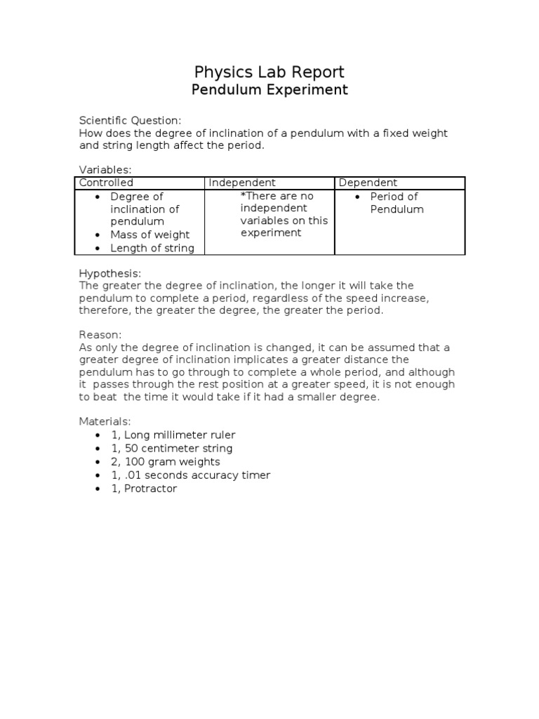Physics Lab Report: Pendulum Experiment | Download Free PDF ...