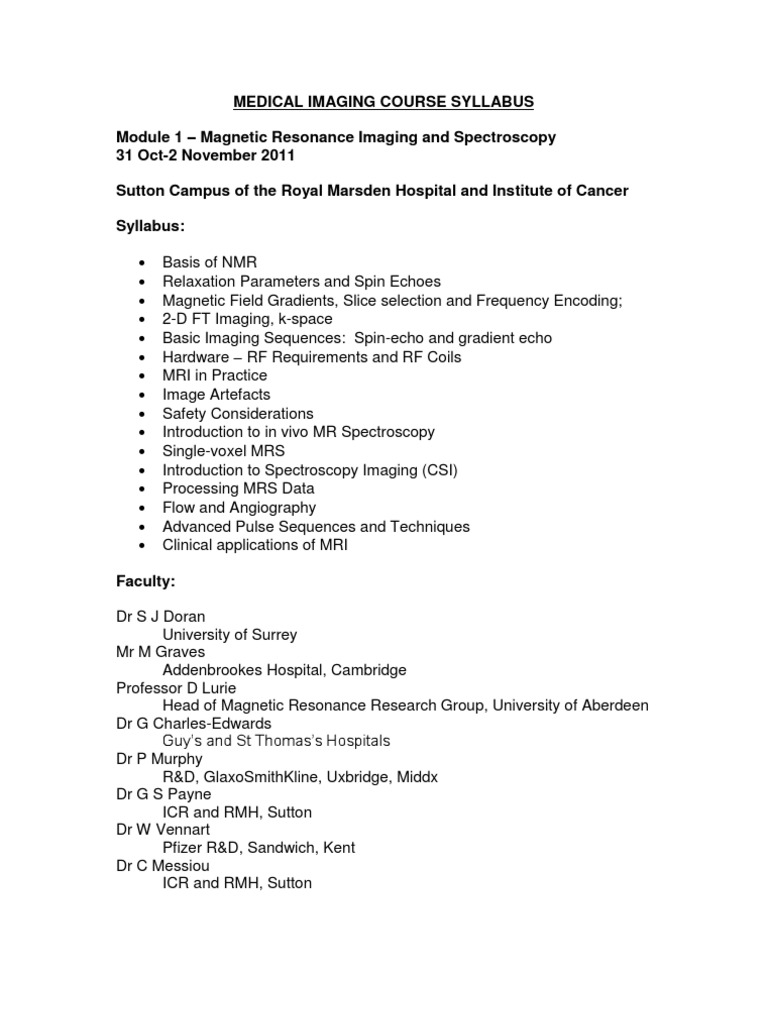 Medical Imaging Course Syllabus - Magnetic Resonance Imaging and ...