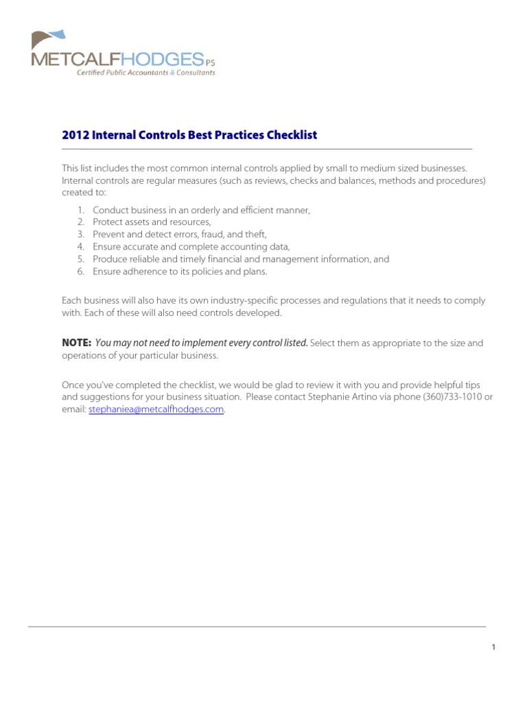 2012 Internal Controls Best Practices Checklist | PDF | Accounts ...
