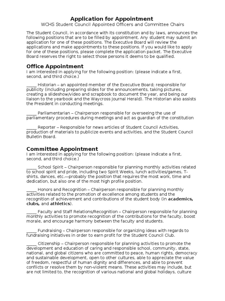 Student Council Application For Appointment | PDF | Government | Virtue
