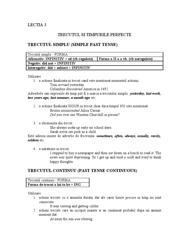Trecutul Simplu (Simple Past Tense) : Lectia 3 Trecutul Si Timpurile Perfecte | PDF