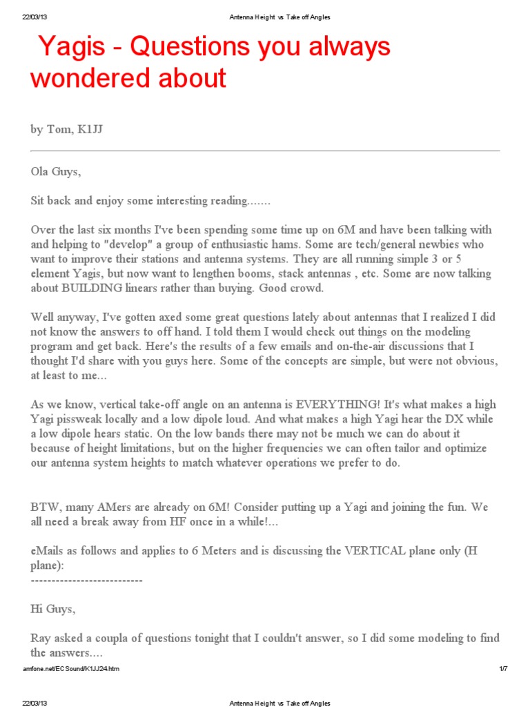 Antenna Height Vs Take Off Angles | PDF | Antenna (Radio) | Wavelength