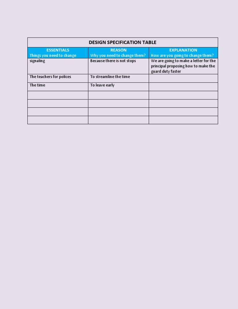 Design Specification Table | PDF