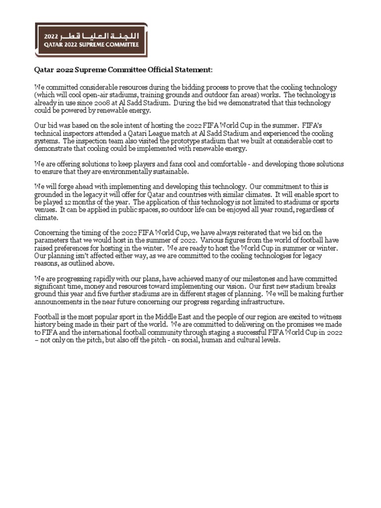 Qatar 2022 Official Statement (English) | PDF | Stadium | Qatar