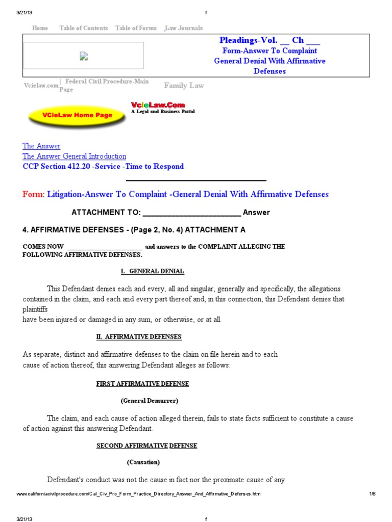 Form: Answer to Complaint - General Denial with Affirmative Defenses ...