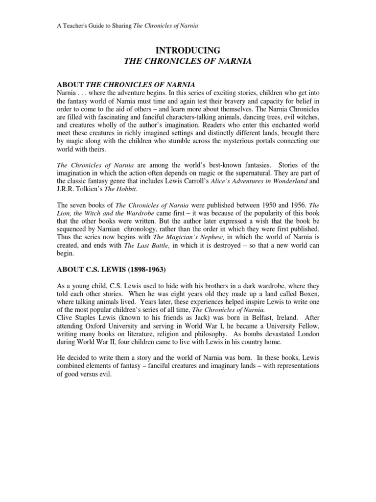 Ed 004 Narnia Teacher Guide | PDF | The Chronicles Of Narnia | Aslan