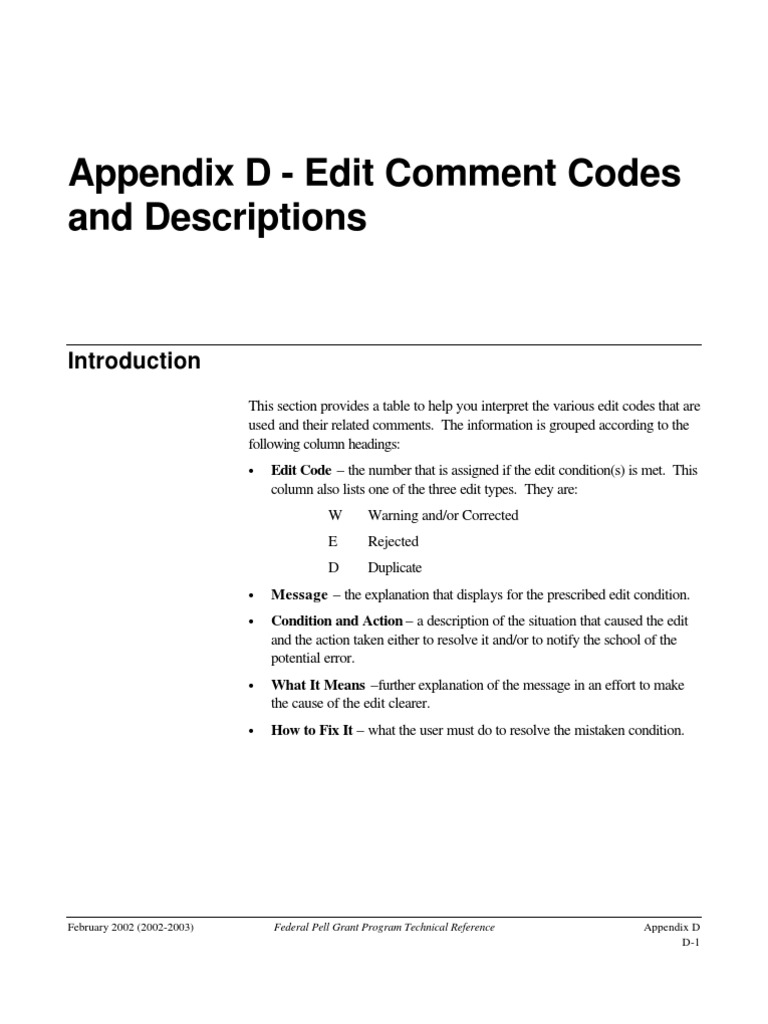 Appendix D - Edit Comment Codes and Descriptions | Computing | Computers