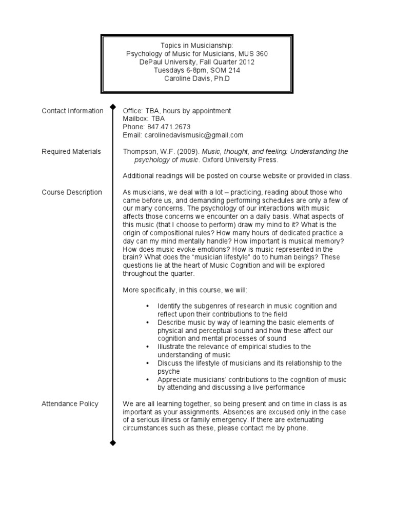 Syllabus: Psychology of Music For Musicians | PDF | Academic Integrity ...