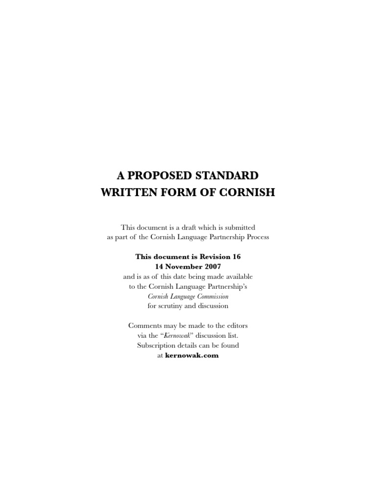 A Proposed Standard Written Form of Cornish (Revision 16, 2007) | PDF ...