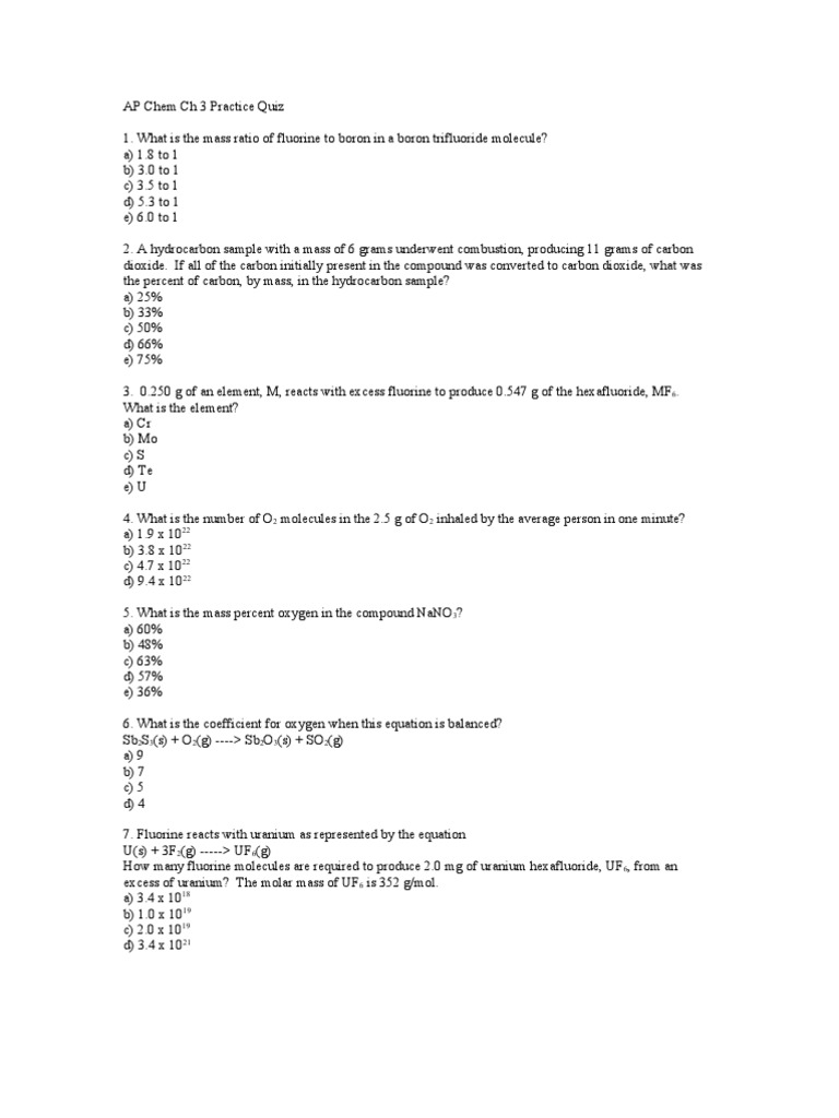 AP Chem CH 3 Practice QuizAP Chemistry Practice Test | PDF | Sodium ...