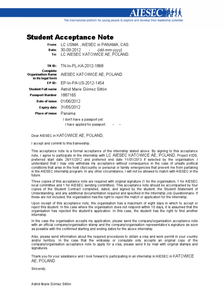 Appendix B - Intern (EP) Acceptance Note | PDF | Passport | Travel Visa
