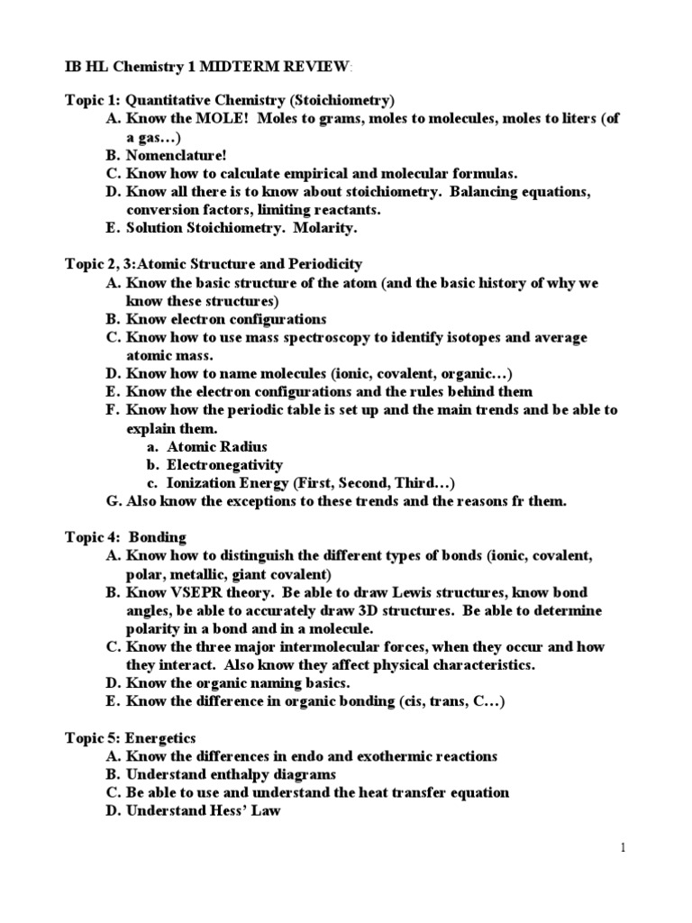 IB HL Chemistry Midterm Review Guide | PDF | Covalent Bond | Ionic Bonding