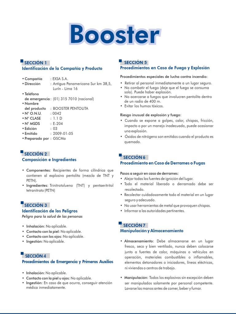 Booster MSDS | PDF | Material explosivo | Primeros auxilios