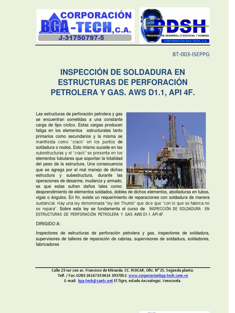 Inspeccion de La Soldadura en Estructuras de Perforacion y Gas. Codigo Aws d1.1, API 4f | PDF ...