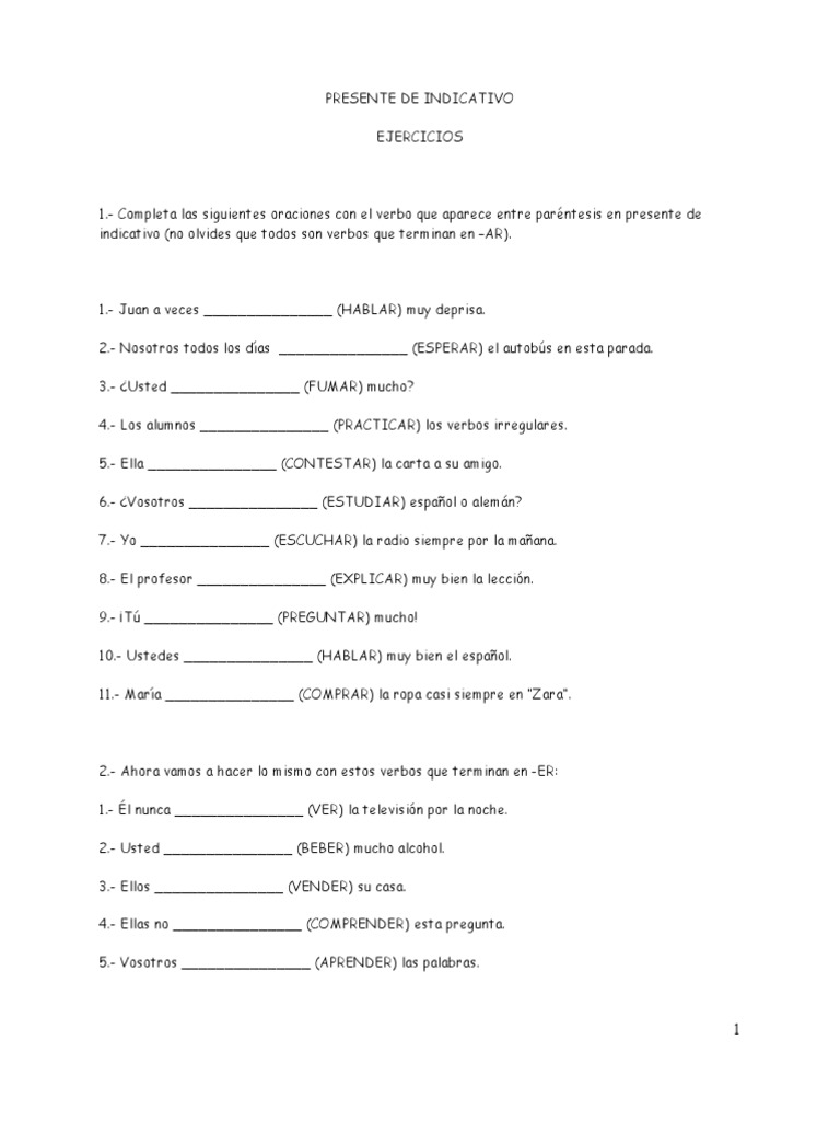 Presente de Indicativo - Ejercicios | PDF | Verbo