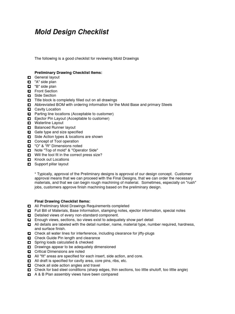 Mold Design Checklist | PDF | Crafts | Mechanical Engineering