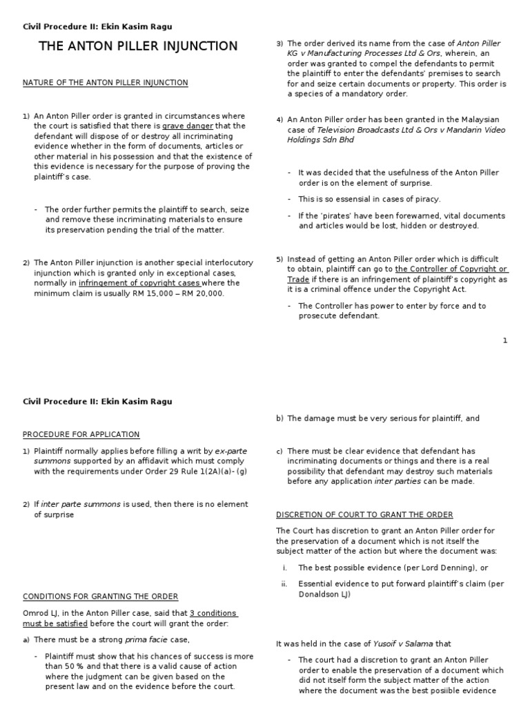Anton Piller Injunction Guide | PDF | Copyright Infringement | Evidence