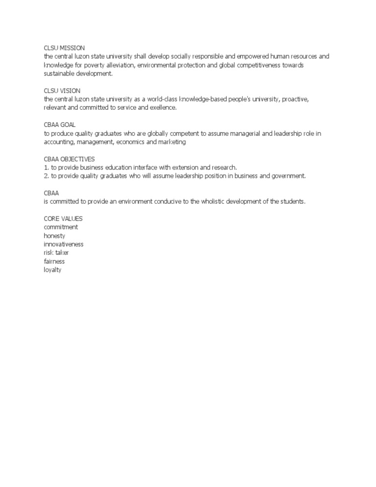 CLSU Mission, Vision, Goals & Values | PDF