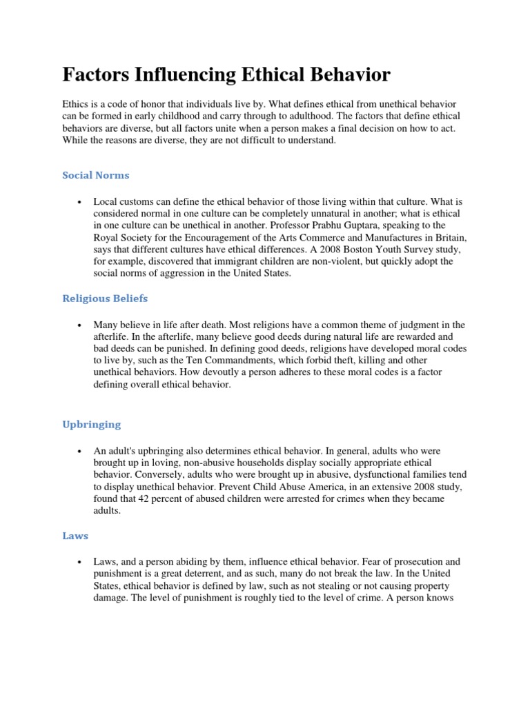 Factors Influencing Ethical Behavior | PDF