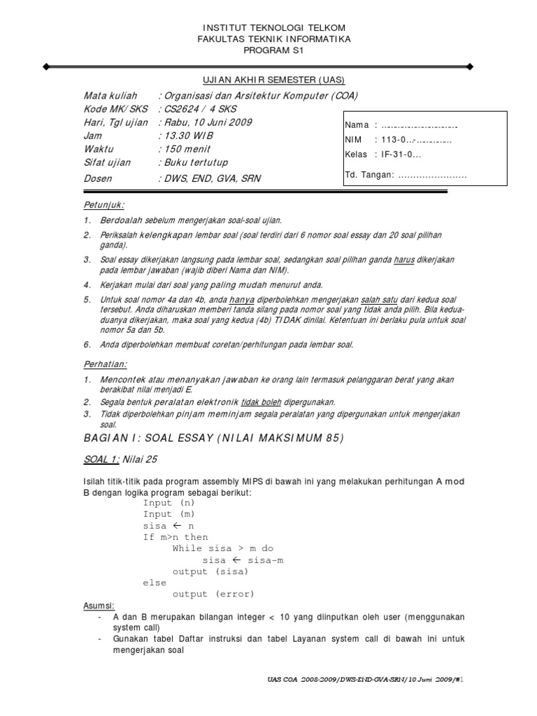 UAS COA 2008-2009: Instruksi & Soal | PDF