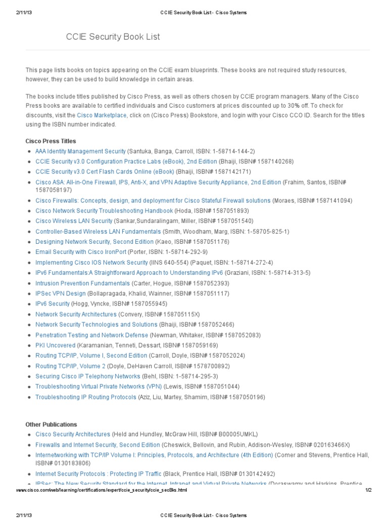 CCIE Security Book List - Cisco Systems | PDF | Internet Protocol Suite ...