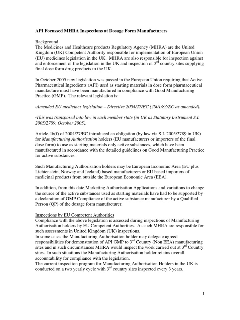 API Focussed Mhra Inspections at Dosage Form MFG | PDF | Audit ...