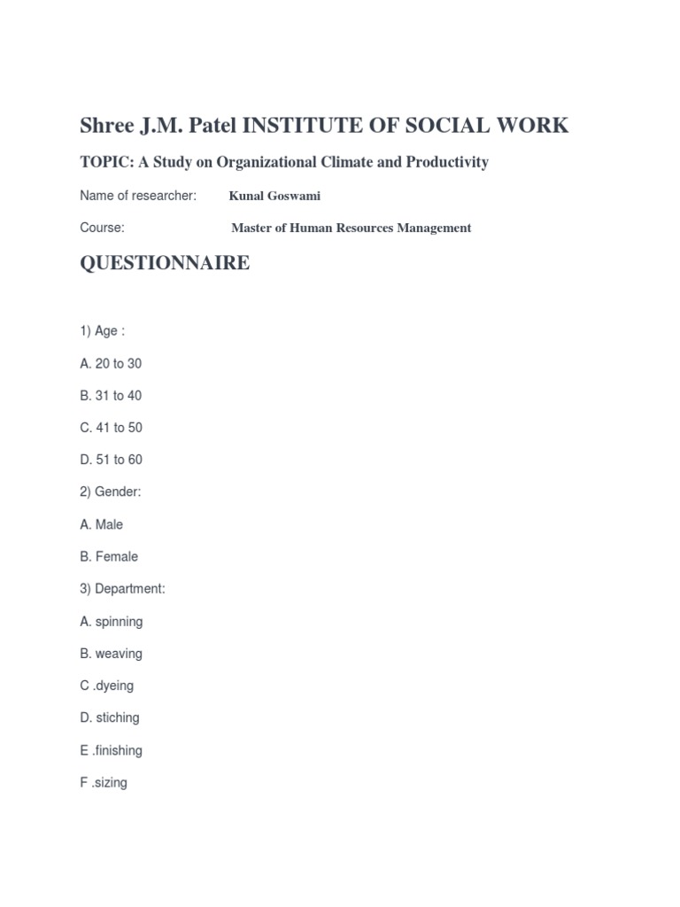 Shree J.M. Patel Institute of Social Work: Questionnaire | PDF ...