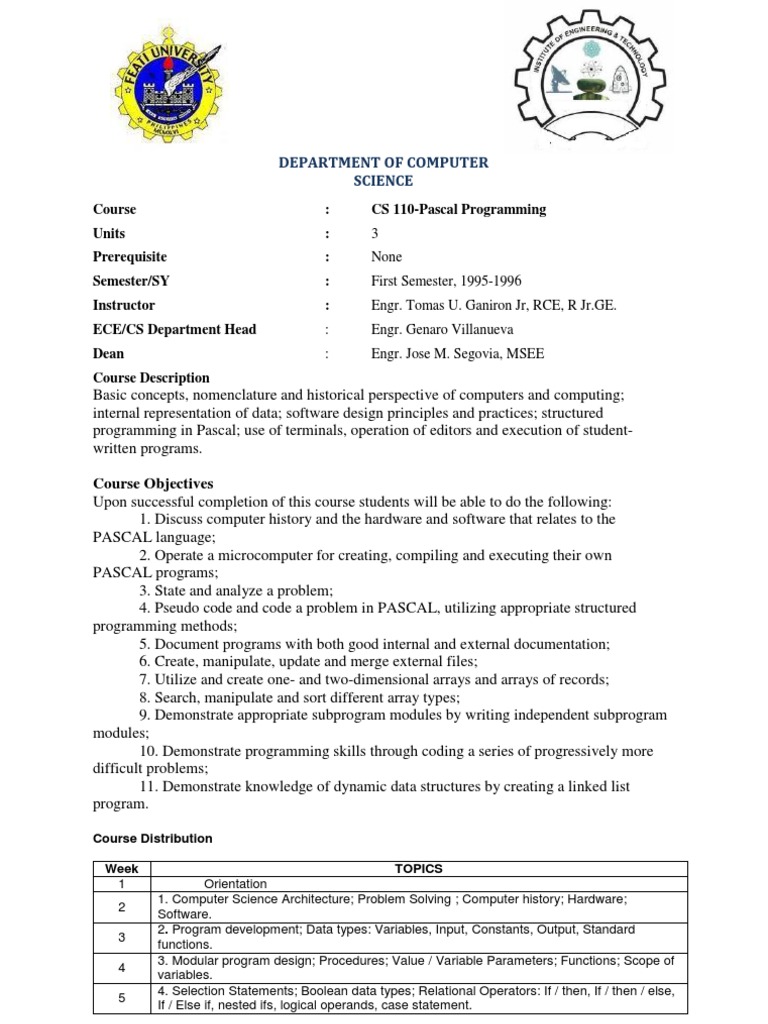 CS 110-Pascal Programming Syllabus | PDF | Subroutine | Control Flow