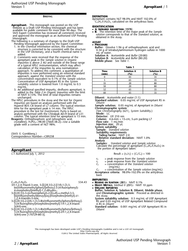 Aprepitant USP Monograph | PDF | Chromatography | High Performance ...