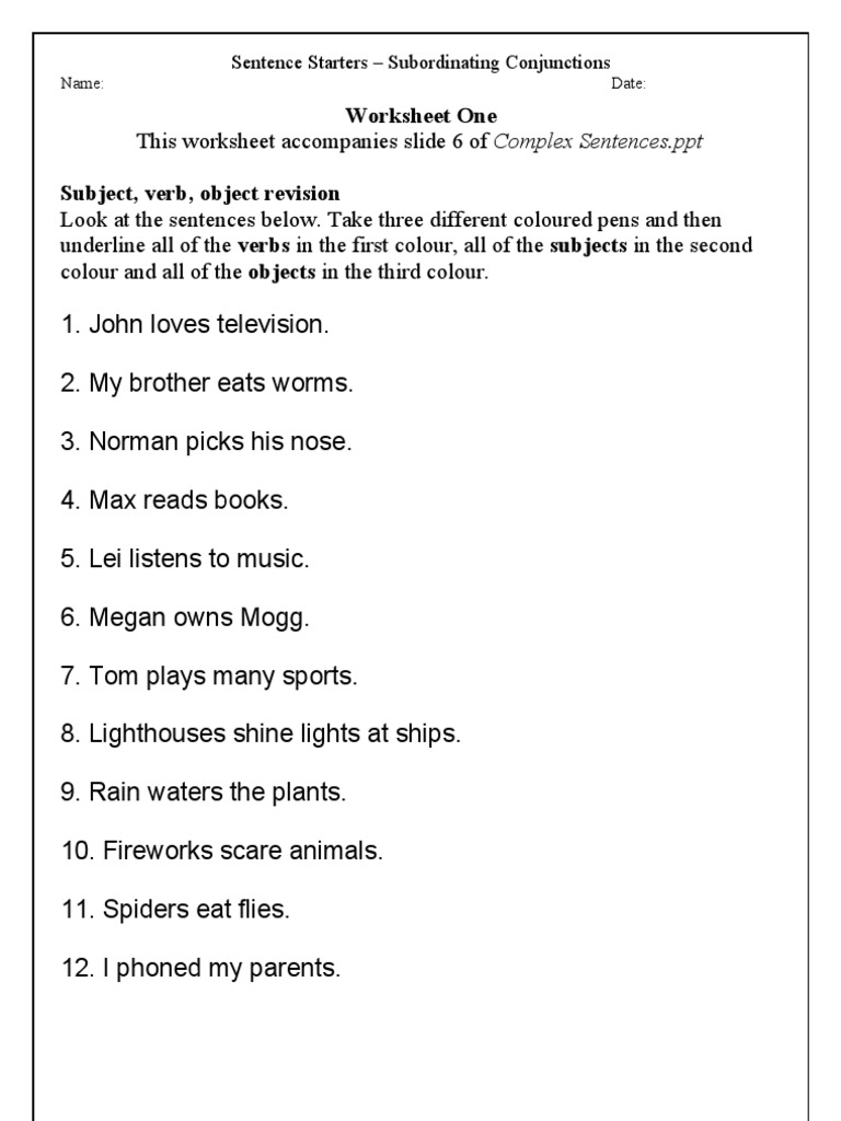 Complex Sentences Worksheets | PDF | Sentence (Linguistics) | Rules