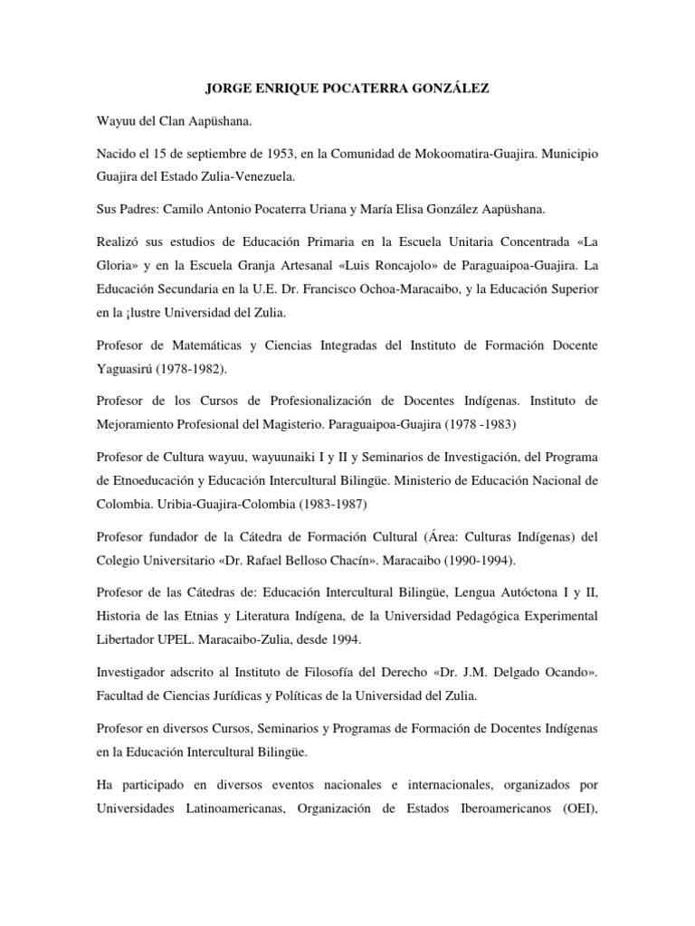 Biografía de Jorge Pocaterra Wayuu | PDF | Gente indígena | Universidad