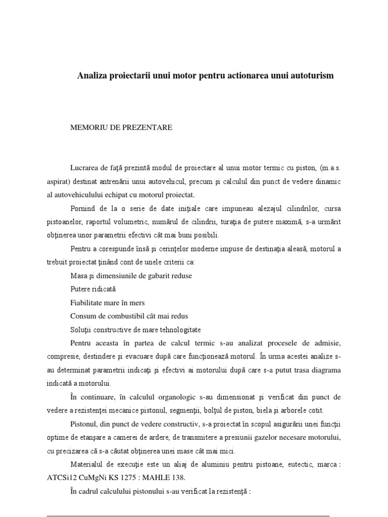 Analiza Proiectarii Unui Motor Pentru Actionarea Unui Autoturism | PDF