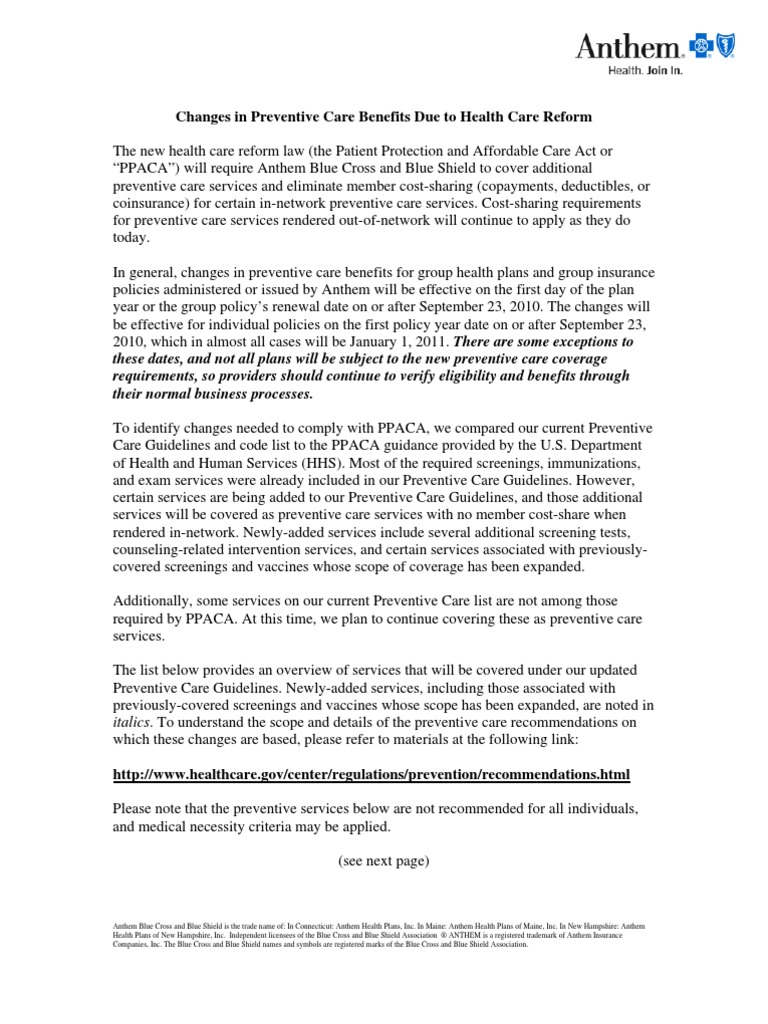 Changes in Preventive Care Benefits Due To Health Care Reform ...