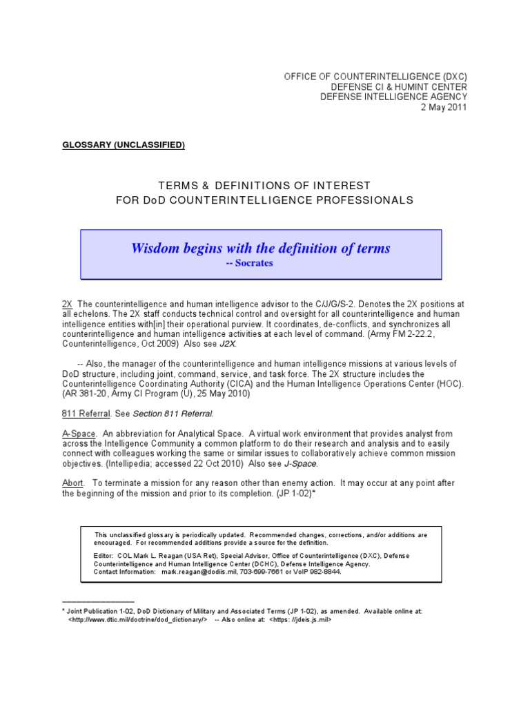 National Counterintelligence Executive CI Glossary | PDF | Counterintelligence | Espionage