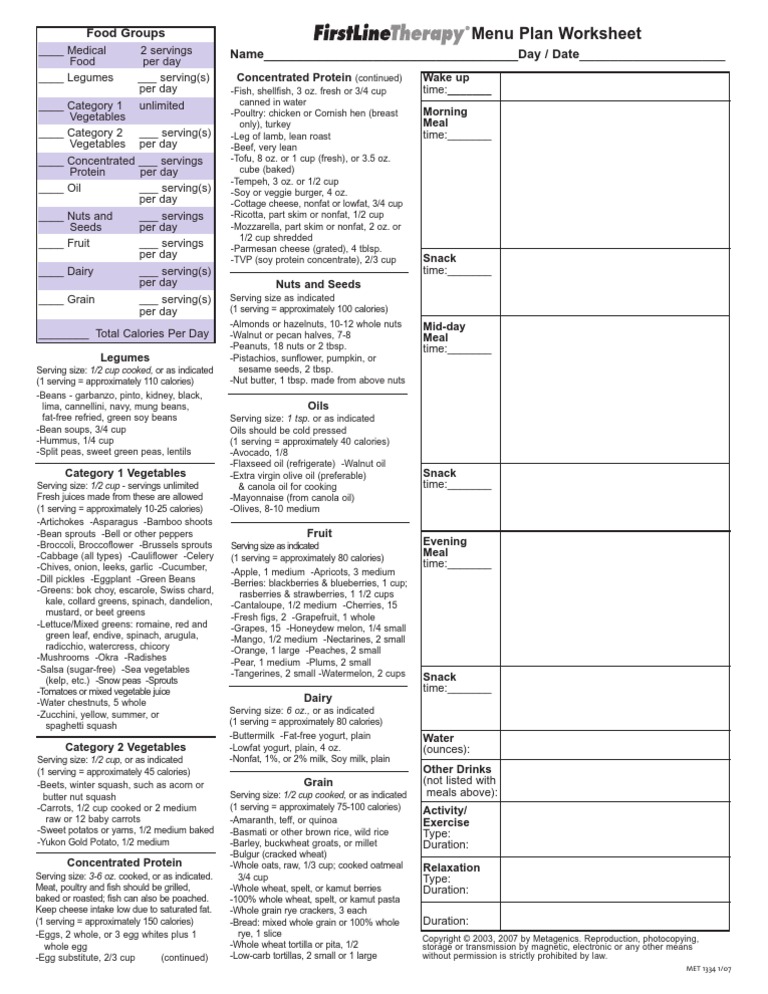 Firstline Therapy: Menu Plan Worksheet | PDF